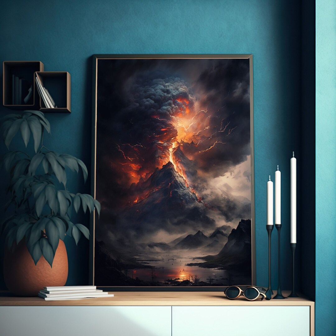 Fantasy Art Print Angry Volcano | Pond Beside Volcano Mountain | Huge ...