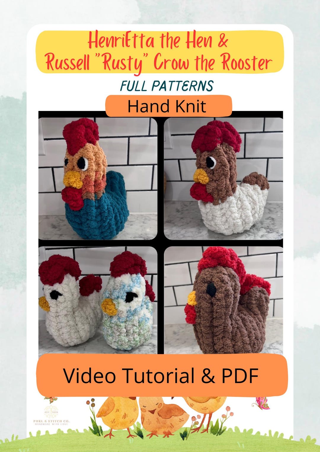 2 Patterns in 1 - Hand Knit Chicken and Rooster Pattern With Video ...