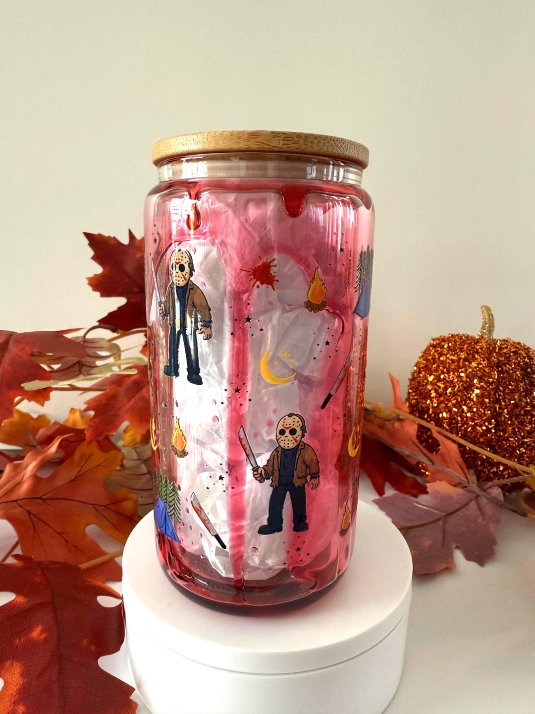 Red Drip Horror Tumbler | Jason Voorhees Glass Cup With Bamboo Lid - Etsy