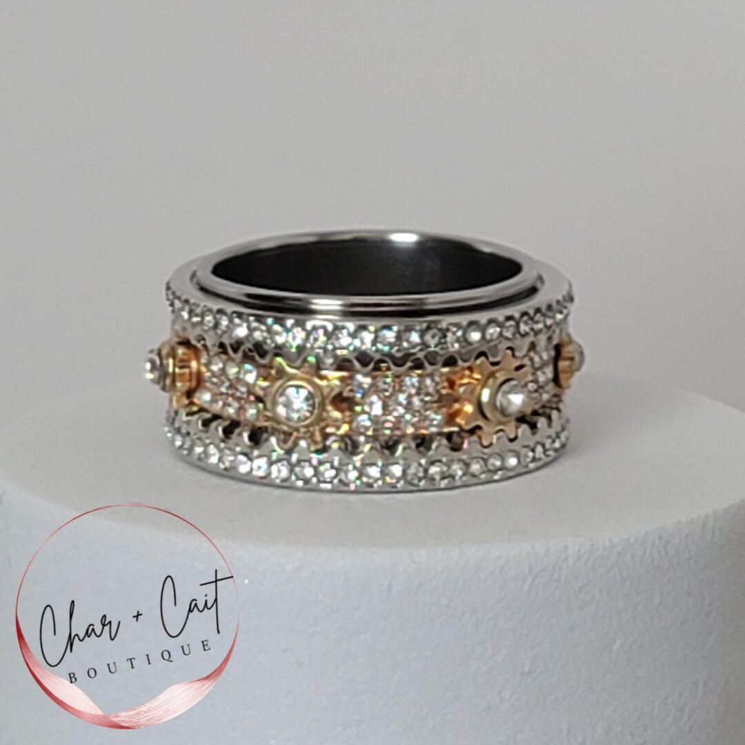 Anxiety Spinning Ring With Gears and Crystals Unique Steampunk Fidget ...