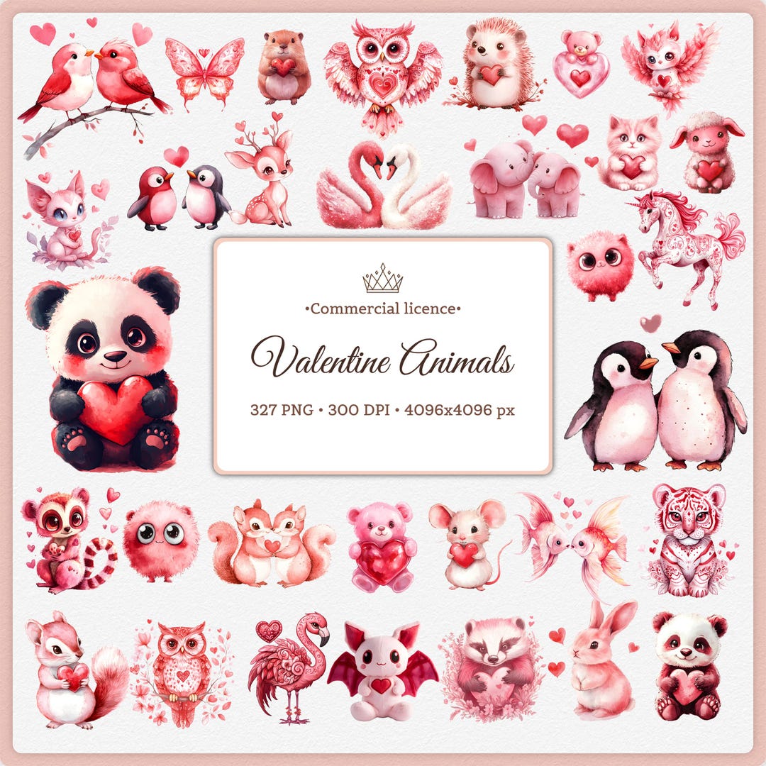 Pink Valentine Animal Clipart Bundle 300+ PNG Woodland Critter Love Set ...