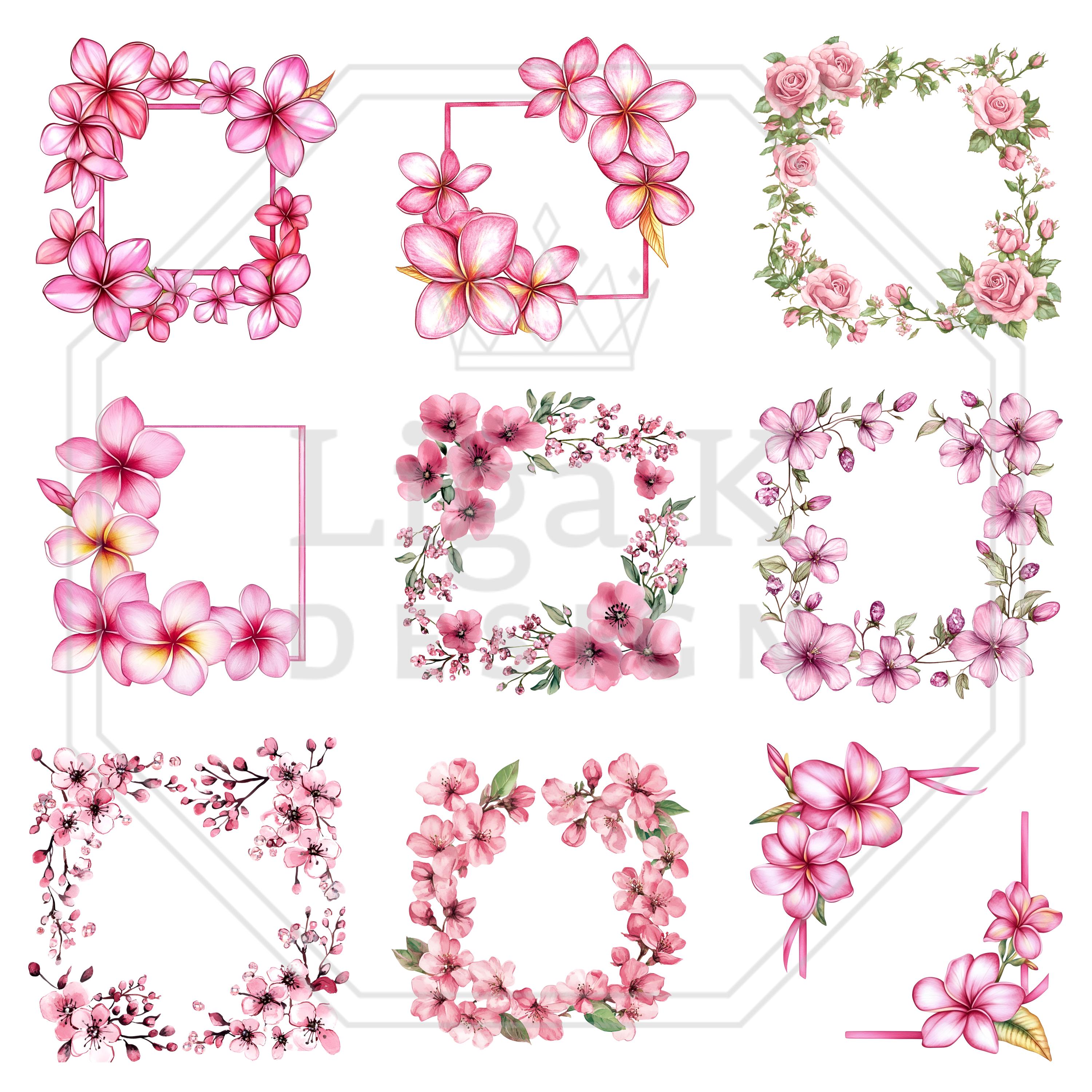 136 PNG Pink Wildflower Frame Clipart Mega Bundle, Flower Border Art ...