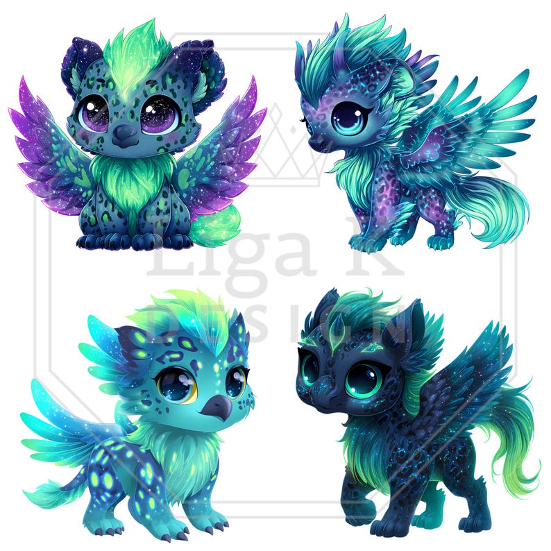 Aurora Borealis Gryphon Clipart Bundle, Chibi Celestial Griffin ...