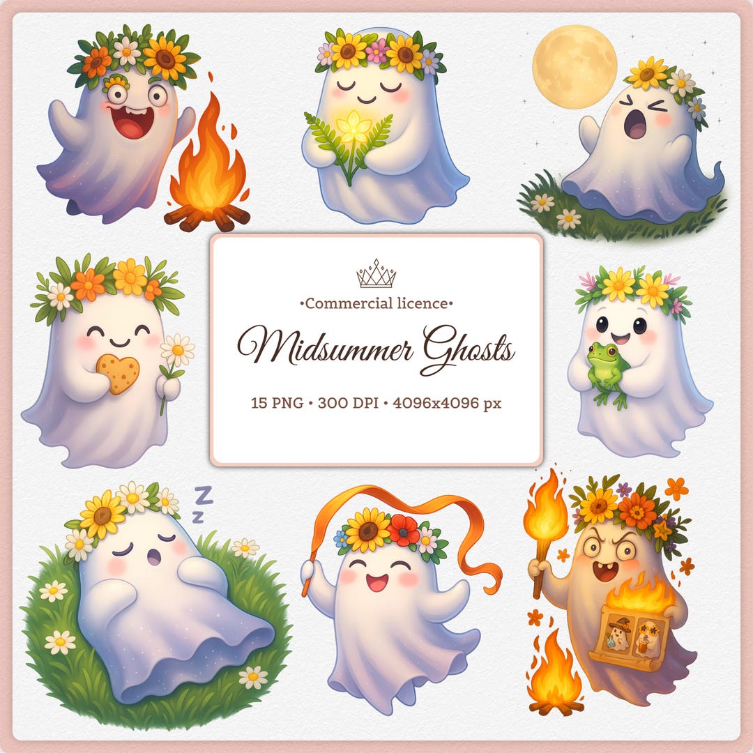 Midsummer Ghost Clipart: Kawaii Floral Crown Spirits (PNG Digital ...