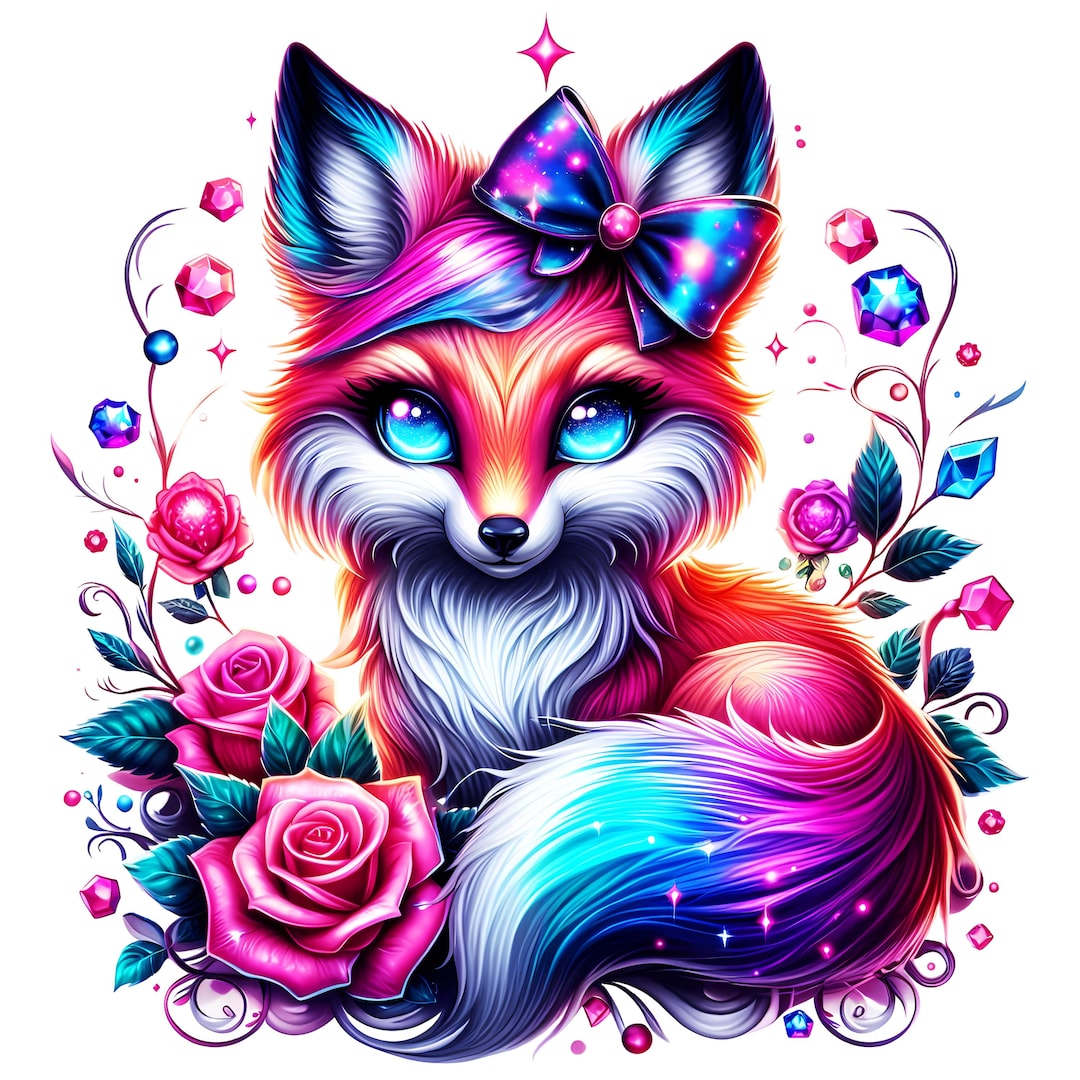 Galaxy Baby Fox Sublimation PNG Cute Fox With Bow Roses and Gems ...