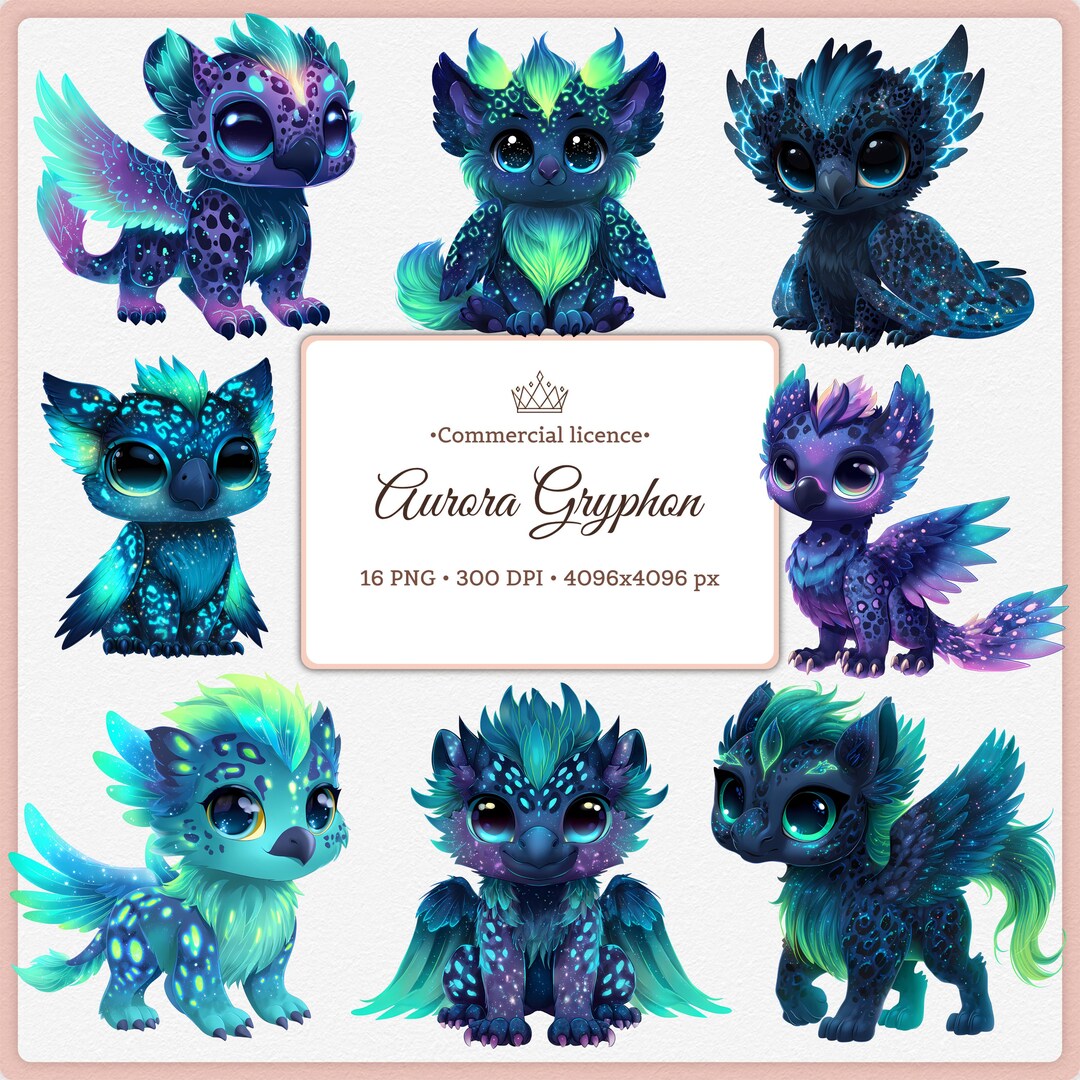 Aurora Borealis Gryphon Clipart Bundle, Chibi Celestial Griffin ...