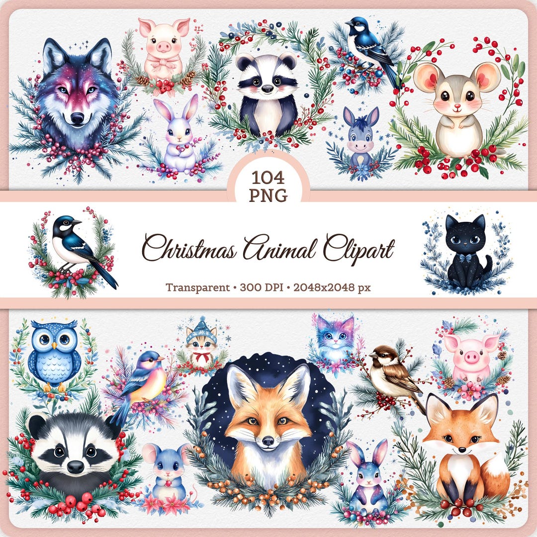 Christmas Animal Clipart Big Bundle PNG | 104 Winter Woodland Animals ...