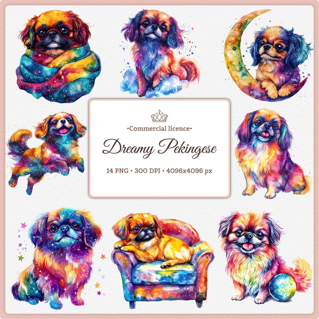 Dreamy Pekingese Clipart Bundle PNG Sublimation Files Watercolor Galaxy ...