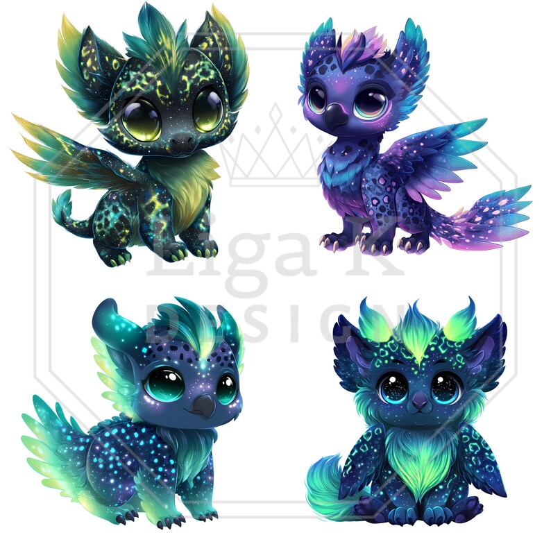 Aurora Borealis Gryphon Clipart Bundle, Chibi Celestial Griffin ...