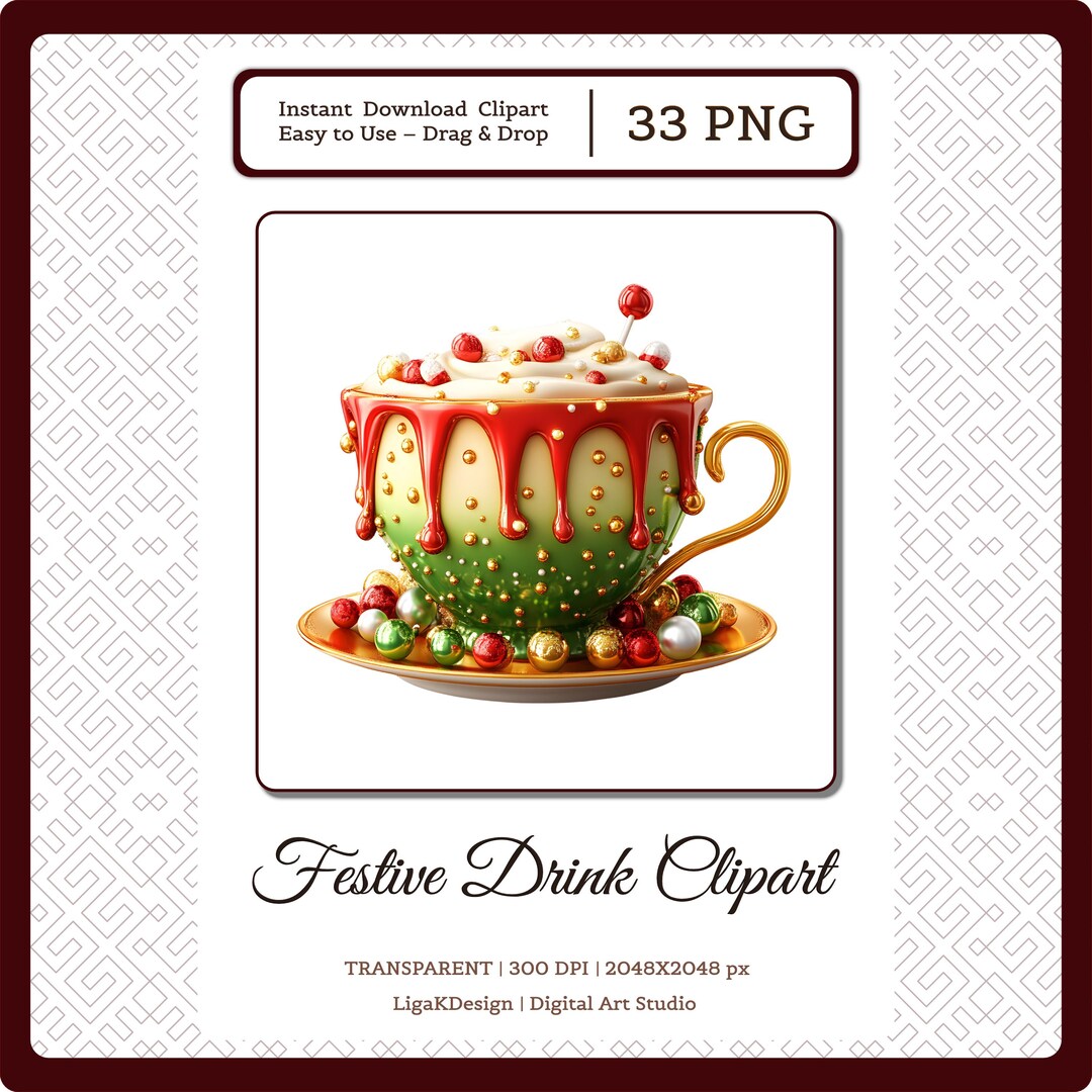 33 PNG Christmas Cup Clipart Bundle, Ornate Festive Holiday Drink ...
