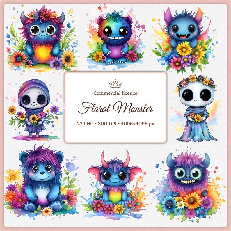Floral Monster Clipart Bundle | Cute Halloween Monster PNG | Kawaii ...
