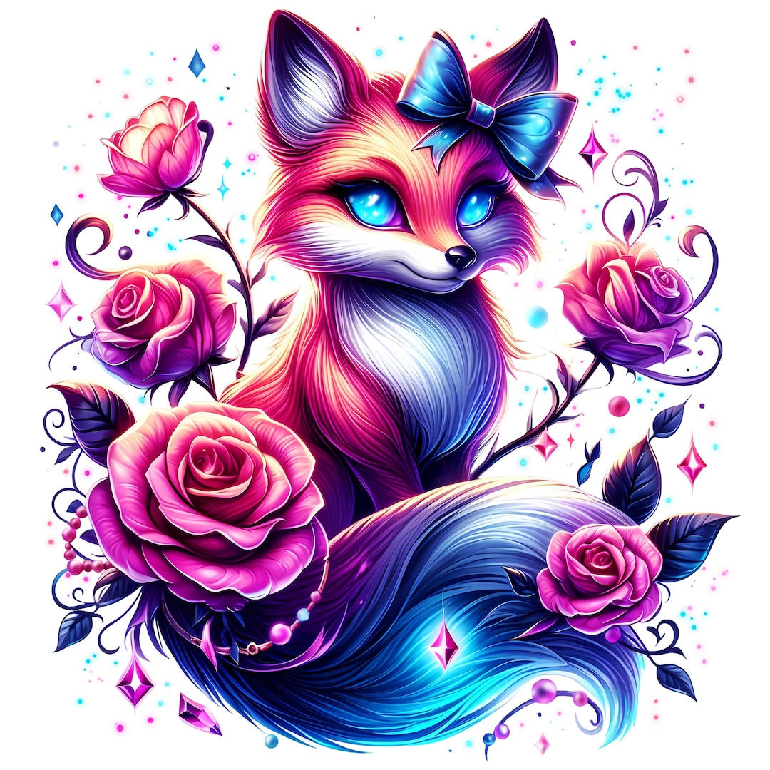 Whimsical Fantasy Fox Clipart PNG JPG Pink Blue Fox With Roses Crystals ...