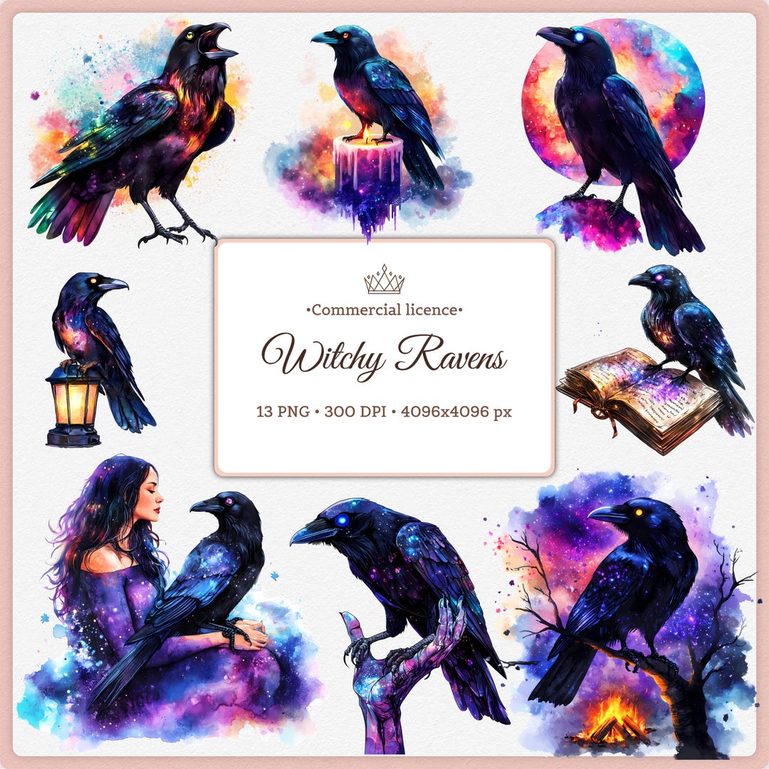 Witchy Raven Clipart Bundle | Galaxy Crow PNG | Dark Fantasy Raven Art ...