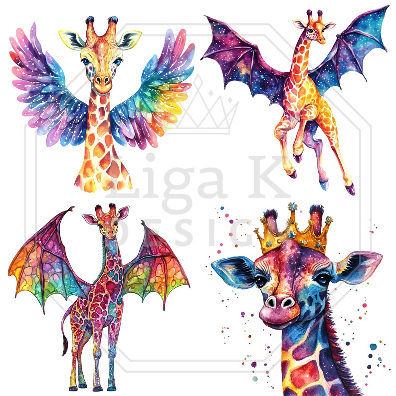 Fantasy Giraffe Clipart Bundle Watercolor Galaxy Giraffes PNG Magical ...