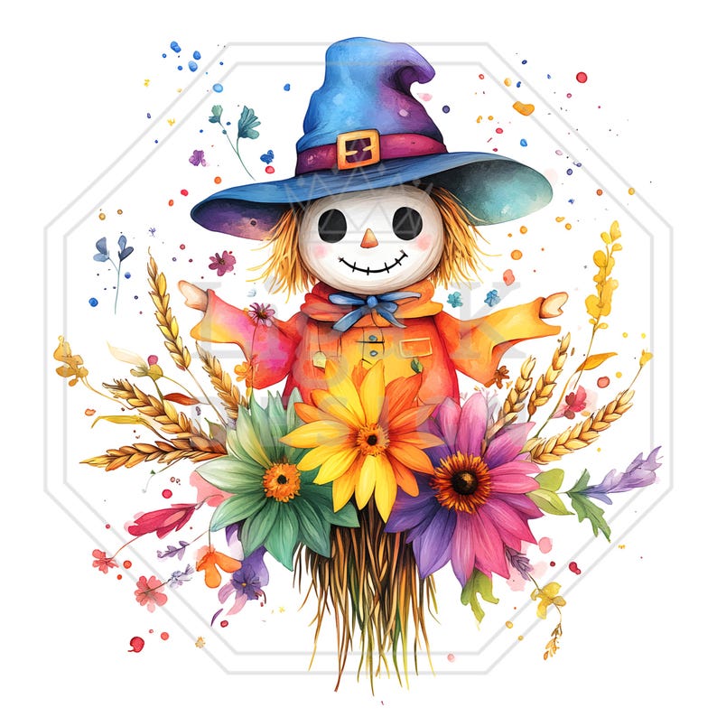 Watercolor Scarecrow Clipart, Rainbow Floral Fall PNG, Cute Halloween ...