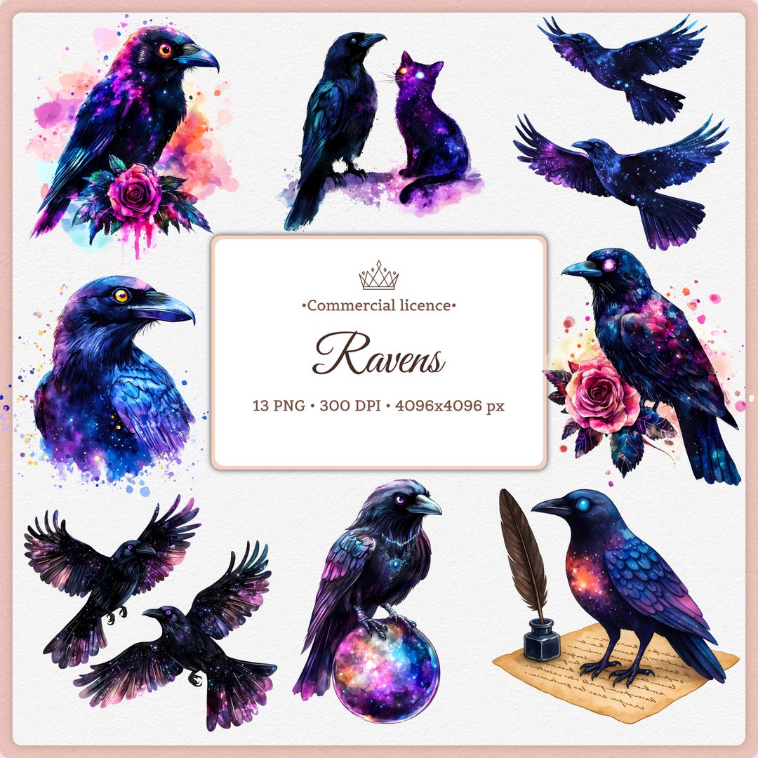 Mystical Raven Clipart Bundle: Witchy Gothic Crow PNG (commercial Use ...