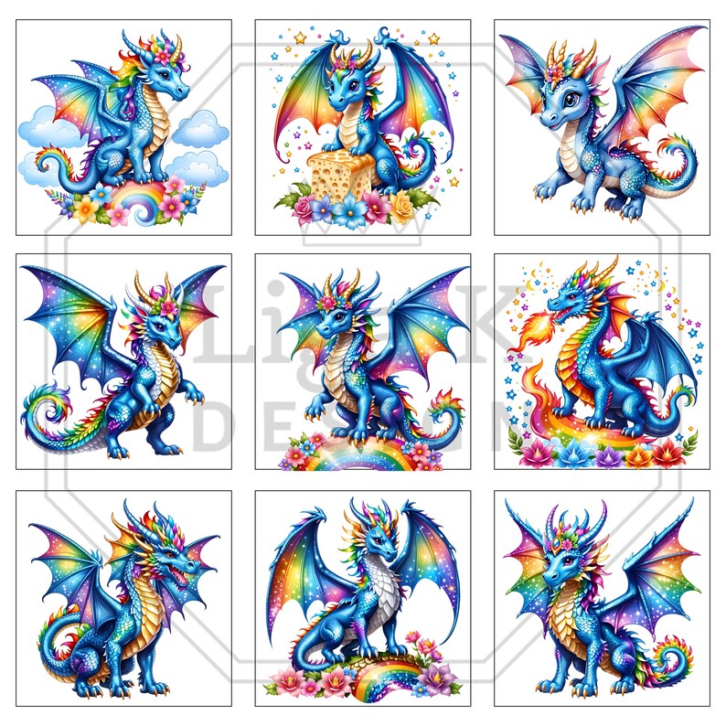 Dragon Clipart Pack Rainbow Fantasy Scrapbooking Cute Dream Birthday ...