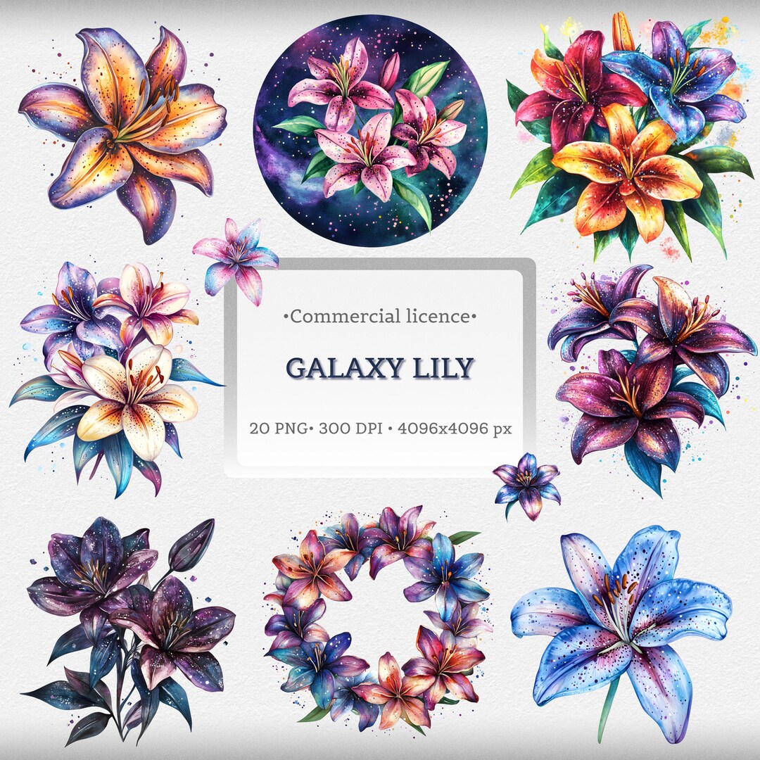 Galaxy Lily Clipart Bundle Watercolor Space Flowers PNG Cosmic Lily ...