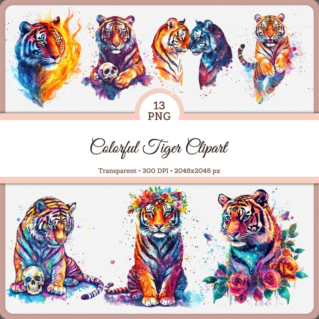 Galaxy Tiger Clipart PNG | Rainbow Watercolor Jungle Animal | Cute ...