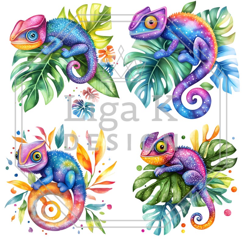 Galaxy Chameleon Clipart Bundle | Cute Cosmic Rainbow Lizards PNG ...
