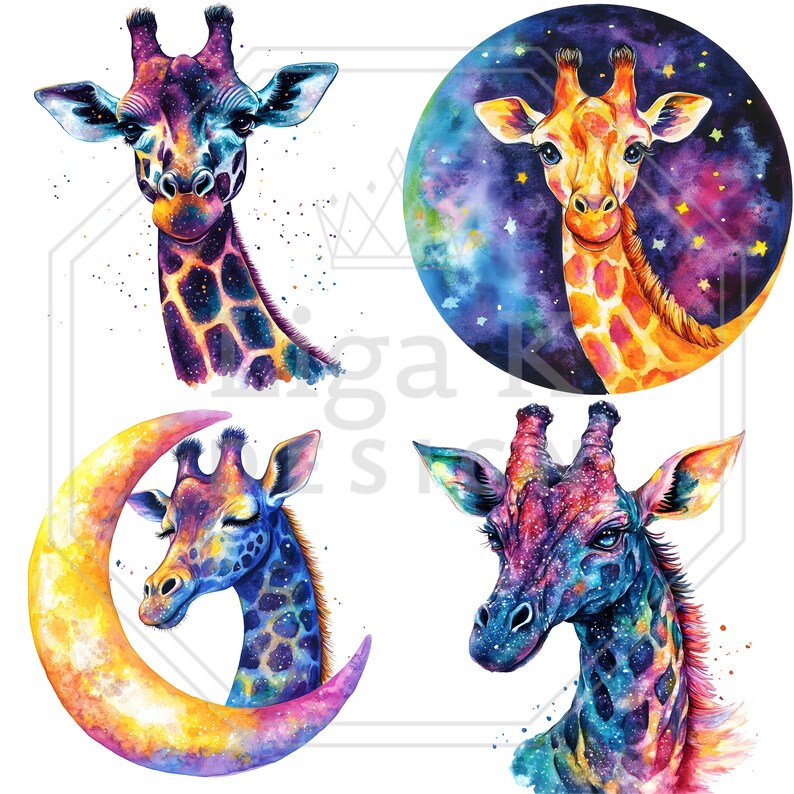Fantasy Giraffe Clipart Bundle Watercolor Galaxy Giraffes PNG Magical ...