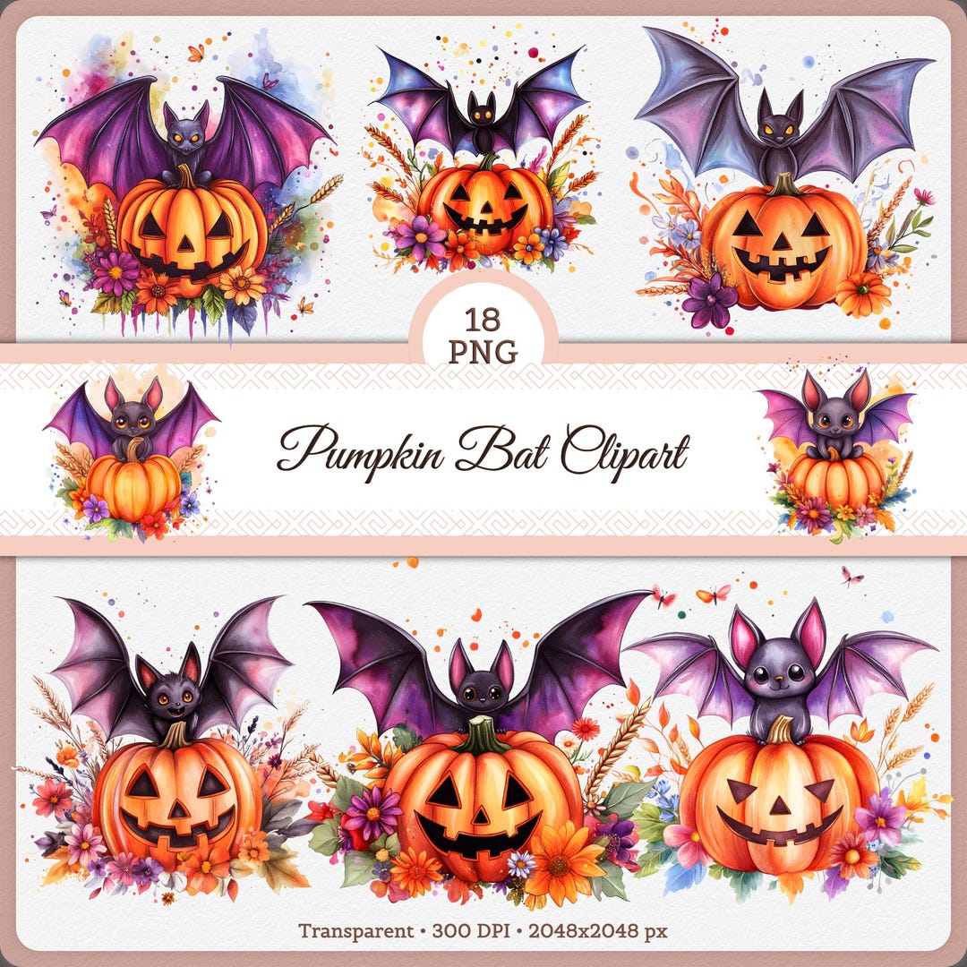 Pumpkin Bat Clipart PNG Bundle, 18 Cute Halloween Bats With Pumpkins ...