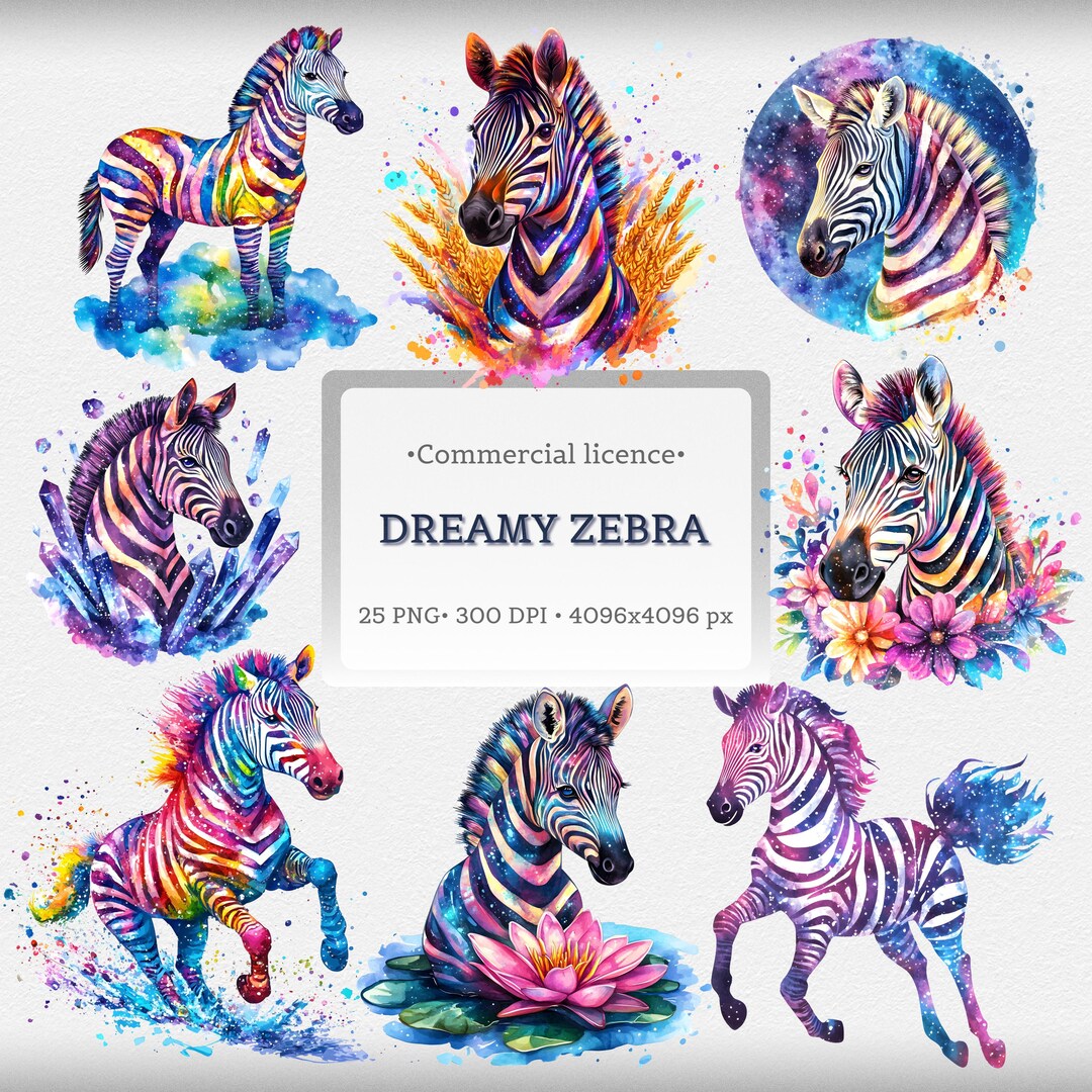 Dreamy Zebra Clipart Set Rainbow Galaxy Zebra PNG Watercolor Animal ...