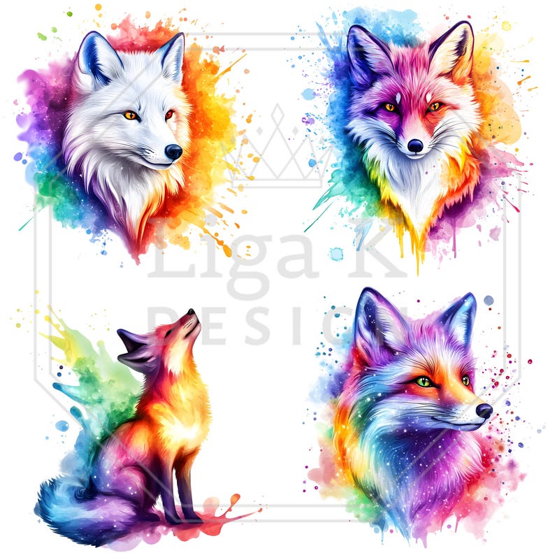 Rainbow Arctic Fox Clipart | Colorful Watercolor Fox PNG | Galaxy ...