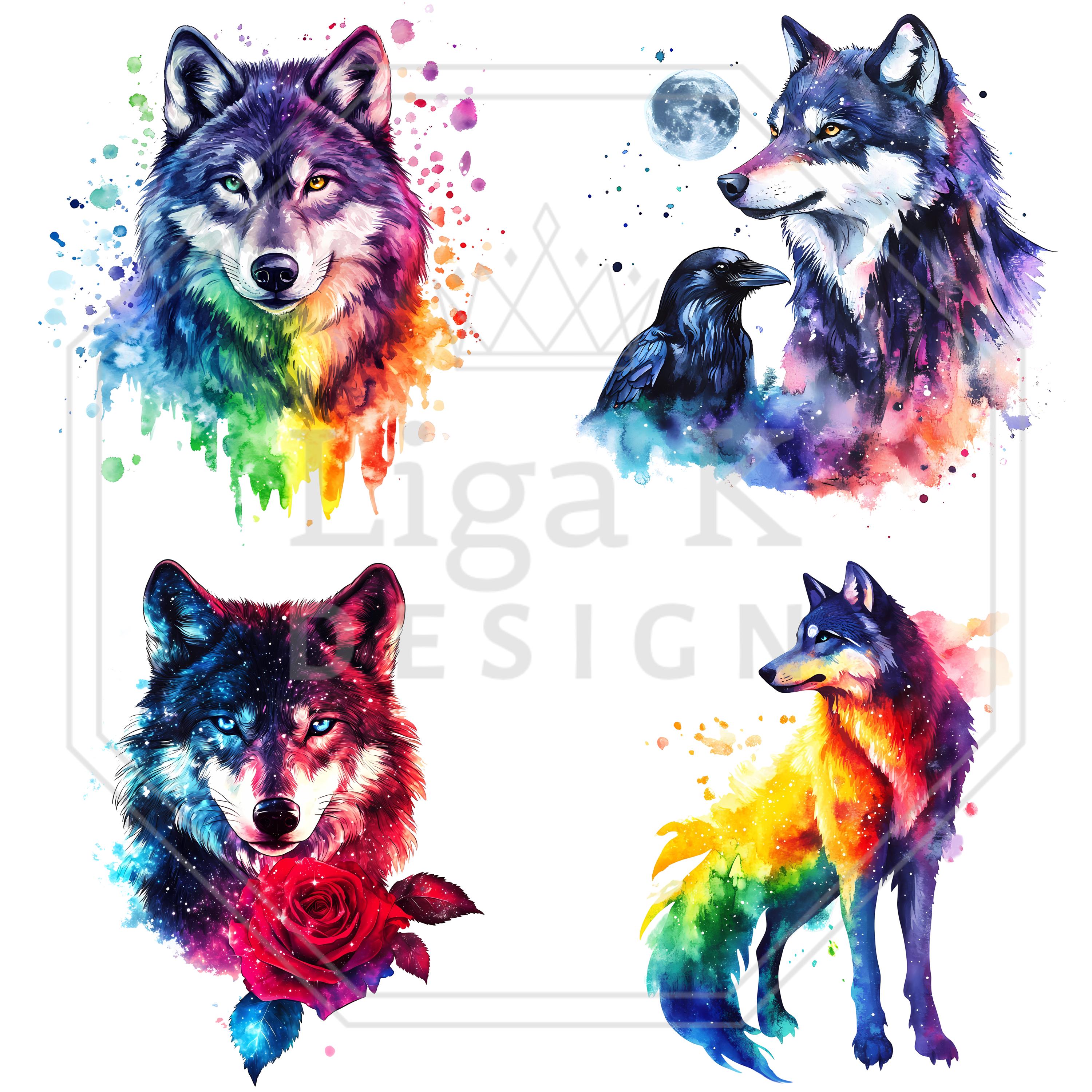 Celestial Wolf Clipart Bundle | Rainbow Galaxy Wolves PNG With Wings ...
