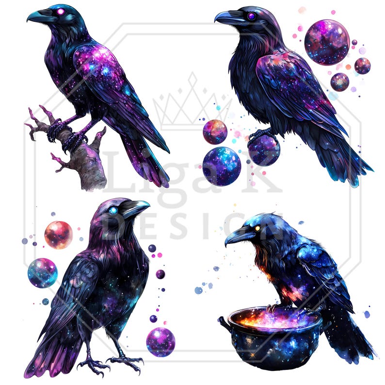 Celestial Ravens Clipart Bundle | Galaxy Raven PNG | Magical Moon Crow ...