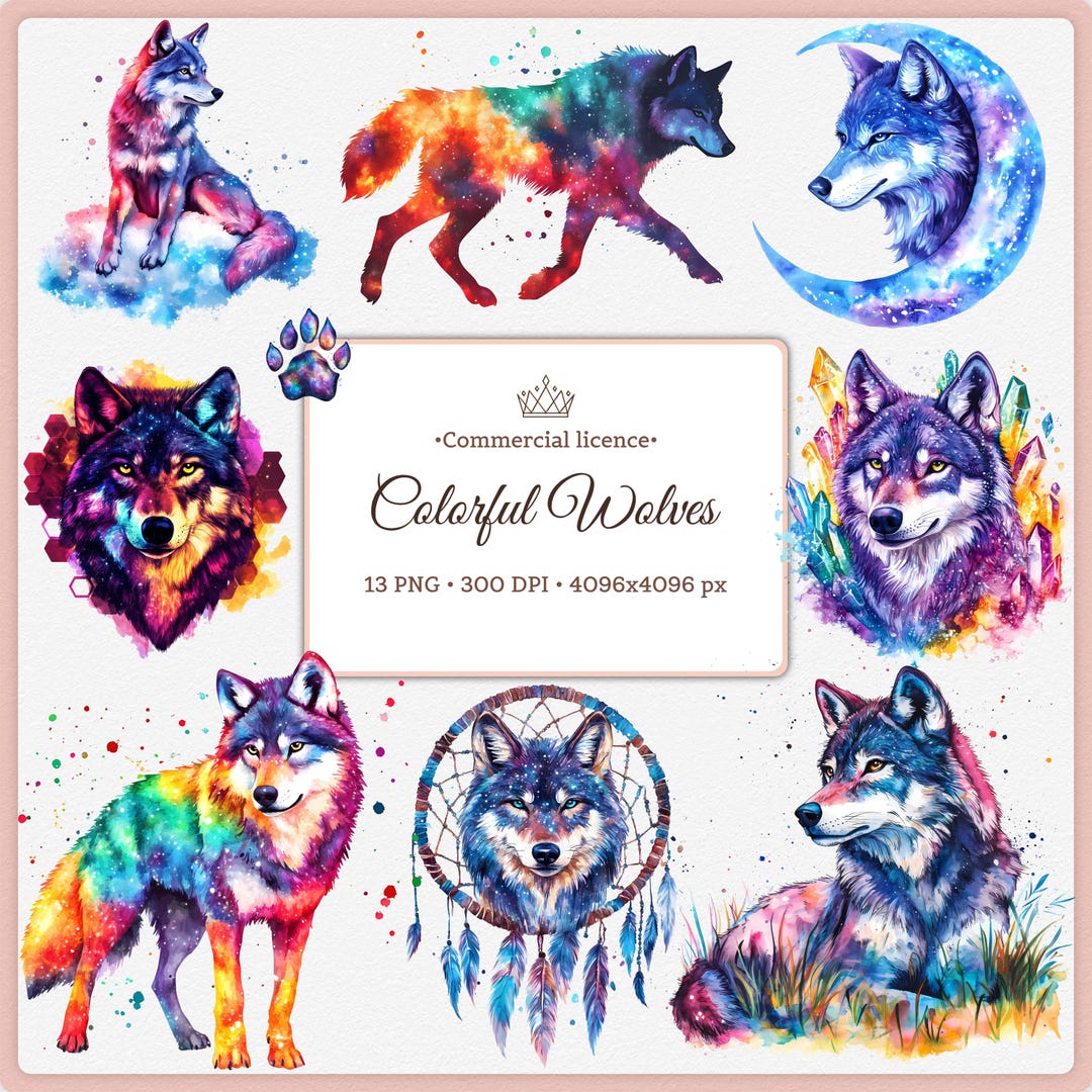 13 Colorful Galaxy Wolf Clipart Bundle | Spiritual Fantasy Wolves PNG ...