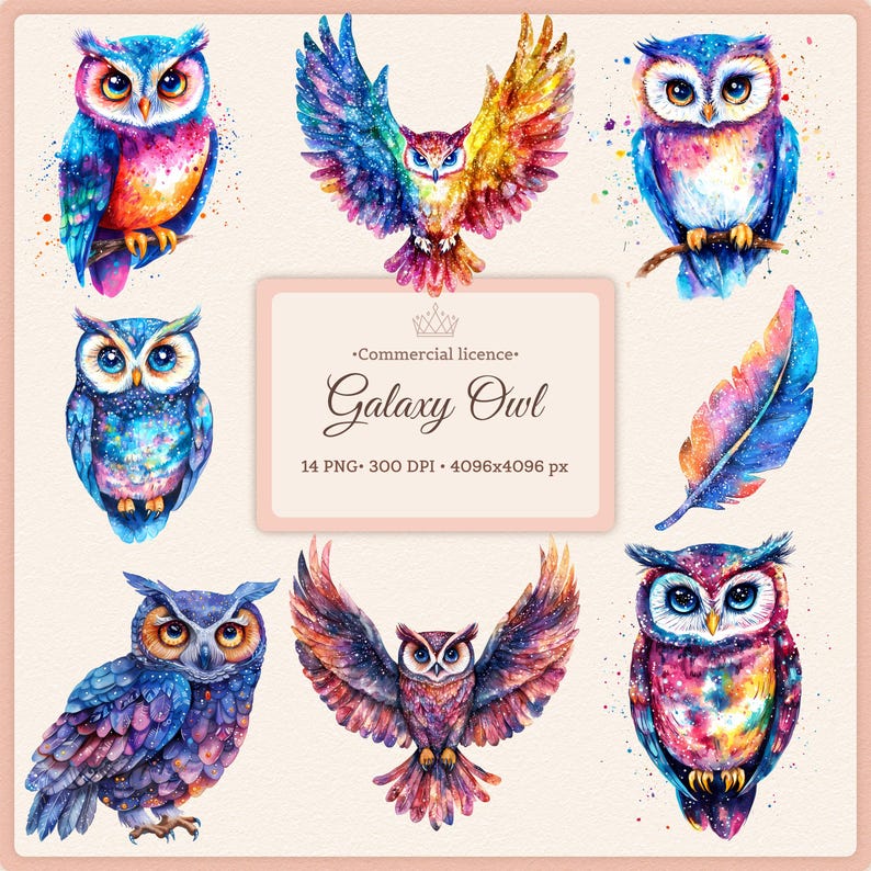 Watercolor Galaxy Owl Clipart: Cosmic Feather Illustrations (digital ...