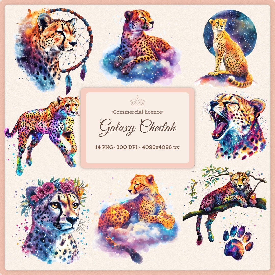 Galaxy Cheetah Clipart Bundle Space Watercolor Cheetah PNG Sublimation ...