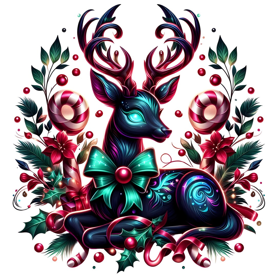 Gothic Christmas Reindeer PNG: Galaxy Deer Clipart, Candy Cane Bows ...