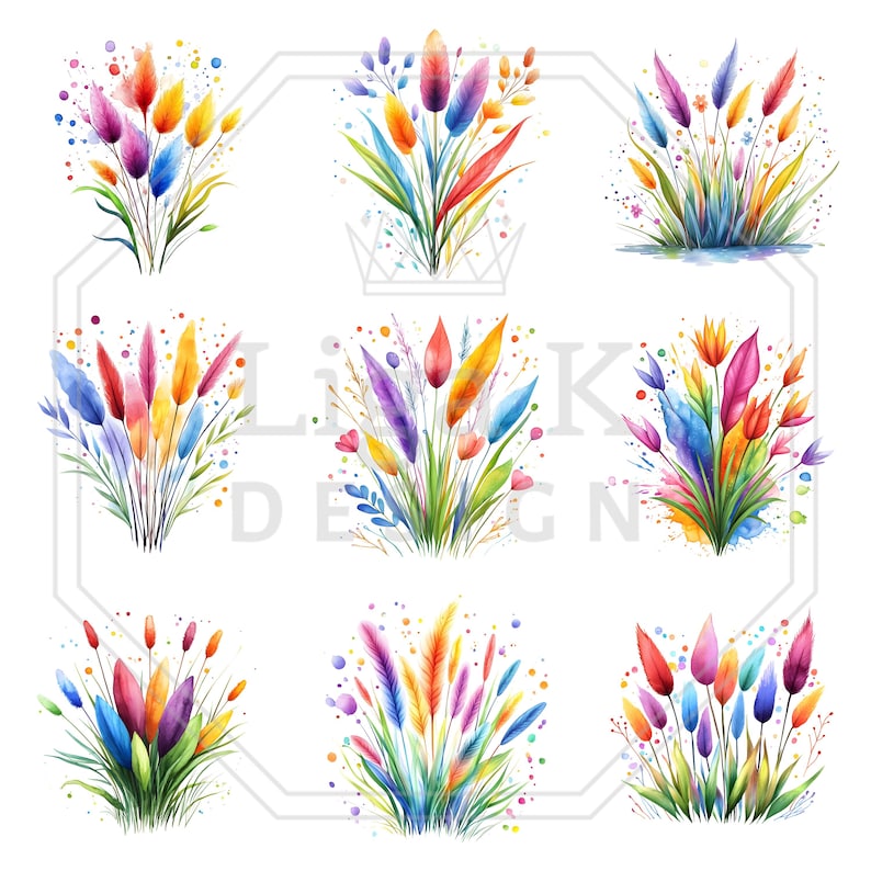 Rainbow Reed Clipart Bundle | Colorful Wildflower Watercolor Grass PNG ...