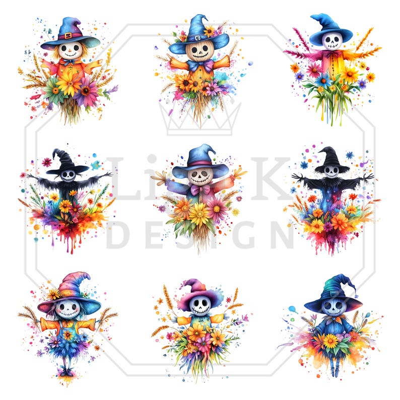 Watercolor Scarecrow Clipart, Rainbow Floral Fall PNG, Cute Halloween ...