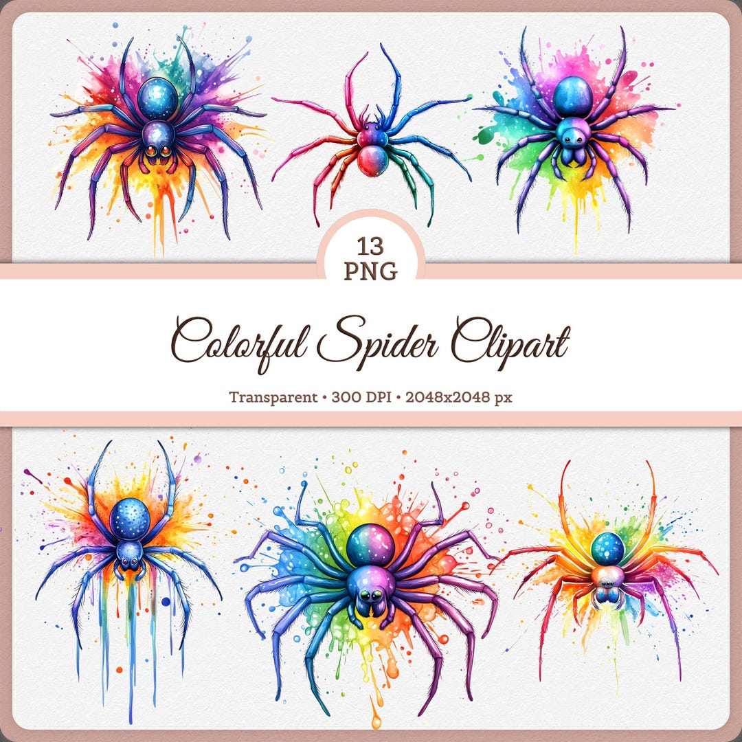 Rainbow Spider Clipart Bundle, 13 PNG Watercolor Creepy Cute Spiders ...