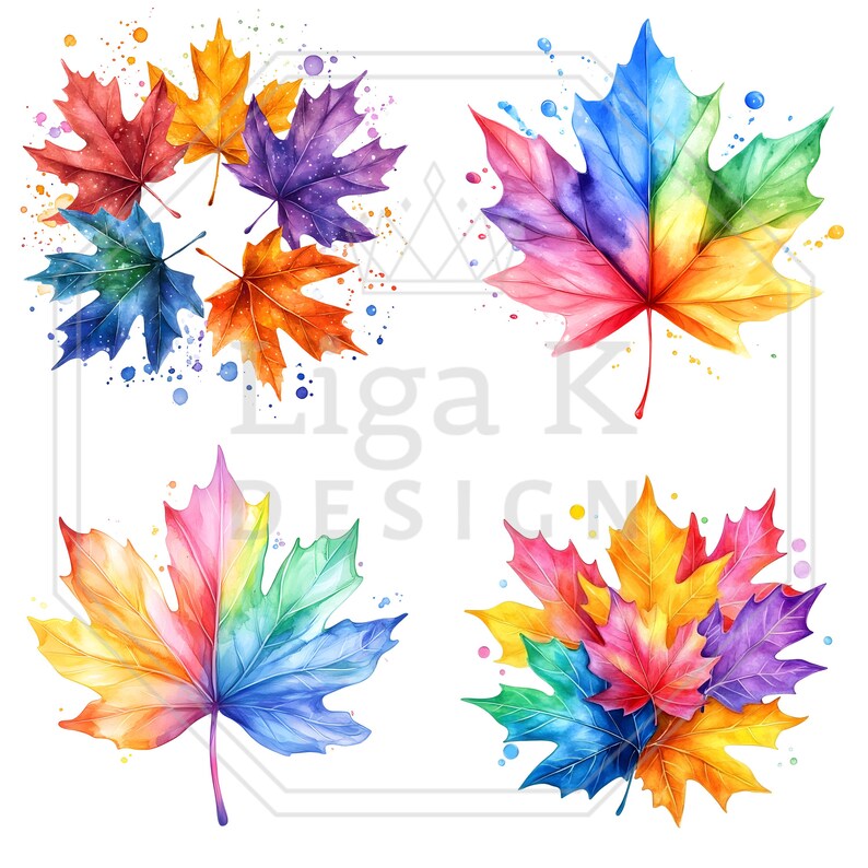 Rainbow Maple Leaf Clipart, Colorful Autumn Leaves PNG, Watercolor ...