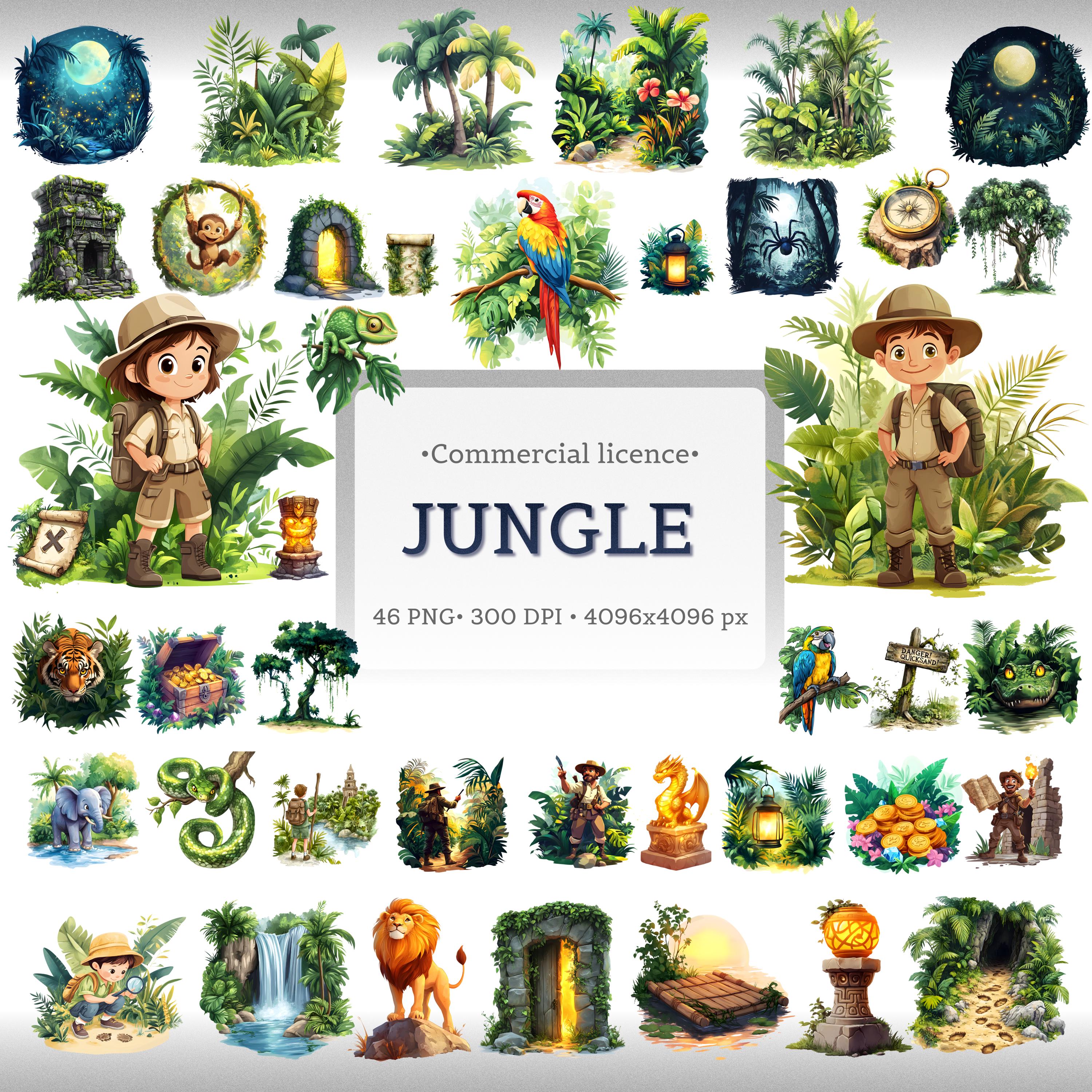 Jungle Safari Clipart Bundle: Tropical Animals & Explorer PNG (digital ...