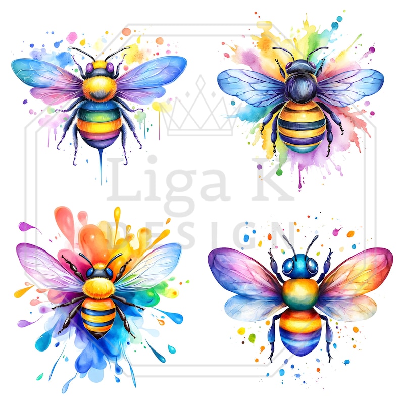 Rainbow Bee Clipart PNG Bundle | Colorful Galaxy Watercolor Honey Bees ...
