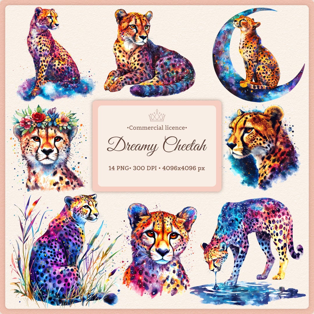 14 PNG Galaxy Cheetah Clipart Bundle, Watercolor Safari Animal ...