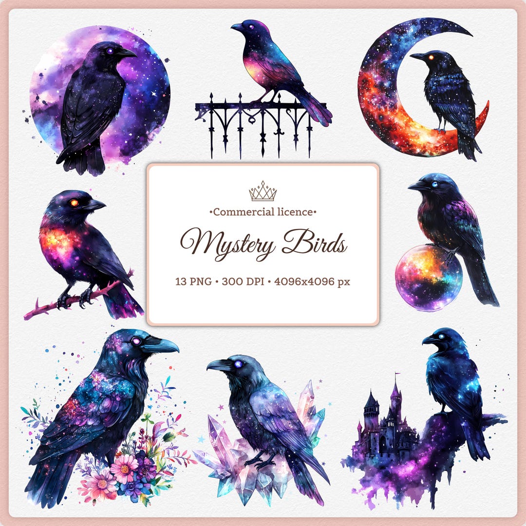 Galaxy Raven Clipart Bundle, Mystical Crow PNG, Witchy Bird Art for ...