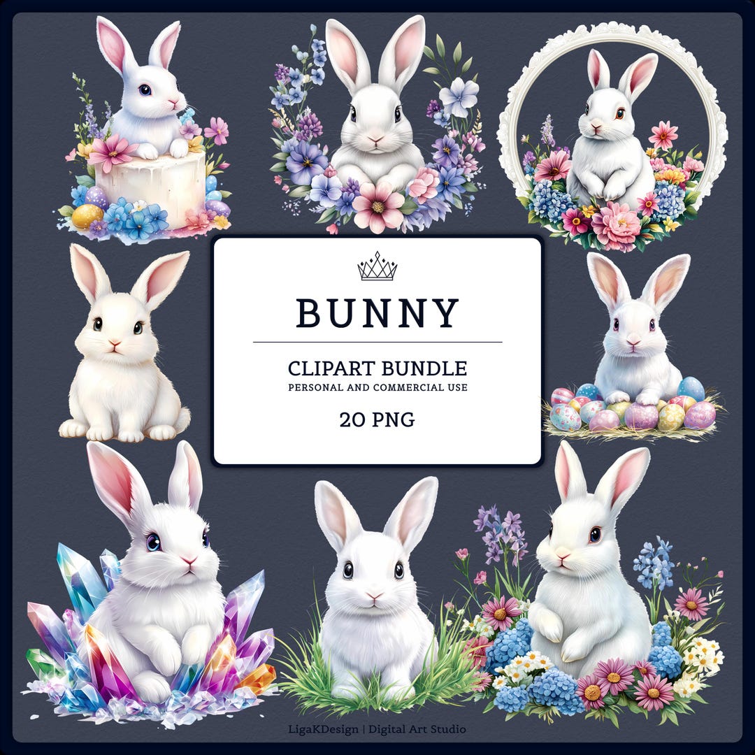 White Bunny Clipart Bundle, Easter Bunny PNG, Spring Floral Rabbit ...