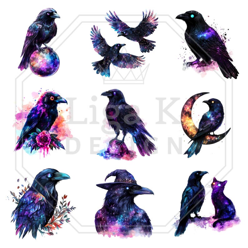 Galaxy Raven Clipart Bundle | Colorful Watercolor Crow 77 PNG Set |cute ...
