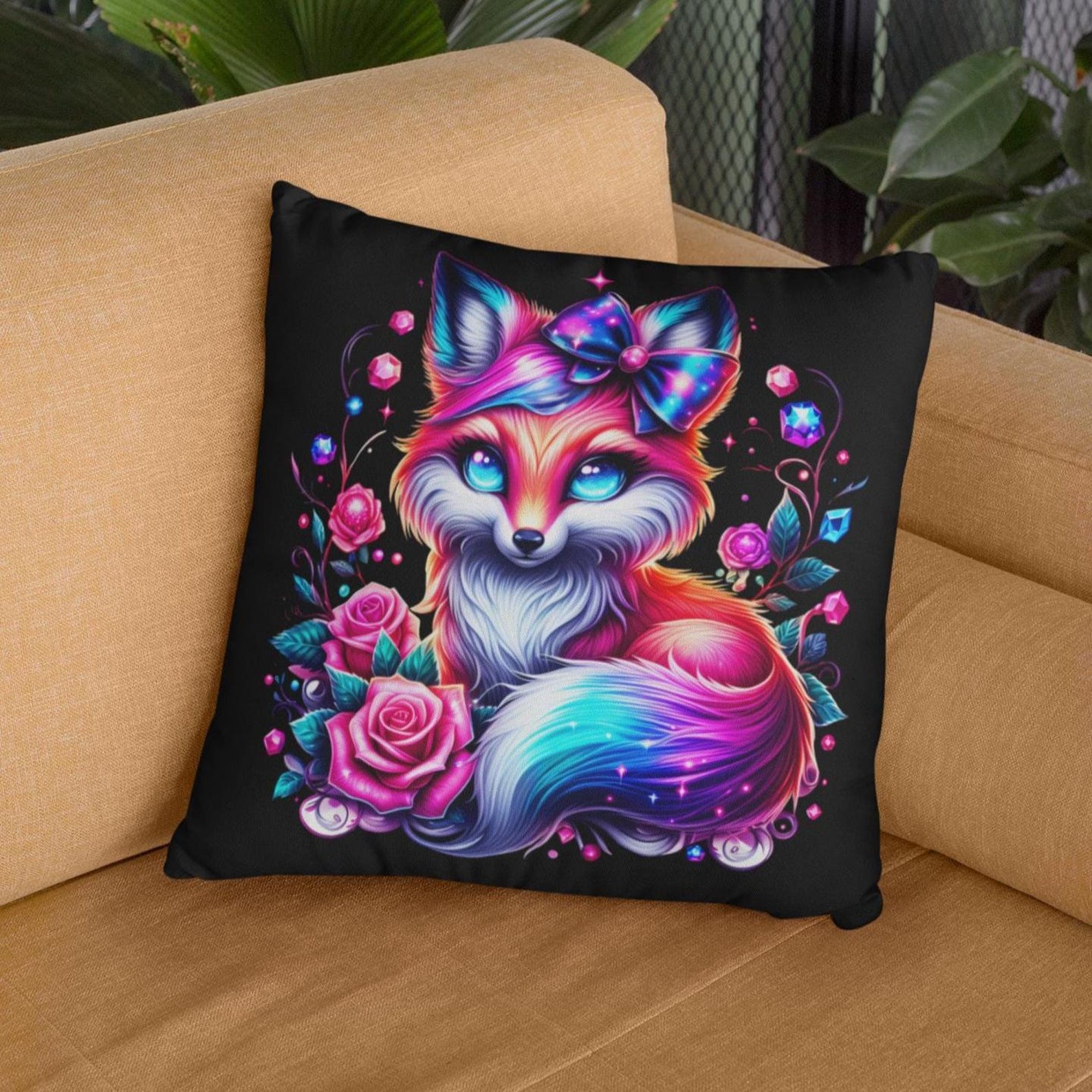 Galaxy Baby Fox Sublimation PNG Cute Fox With Bow Roses and Gems ...