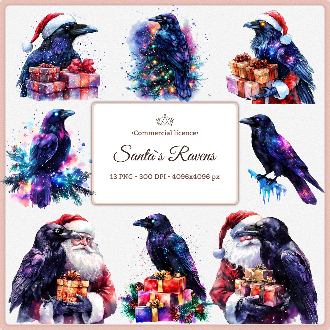 Santa’s Raven Clipart Bundle | Gothic Christmas Crow PNG | Dark Holiday ...