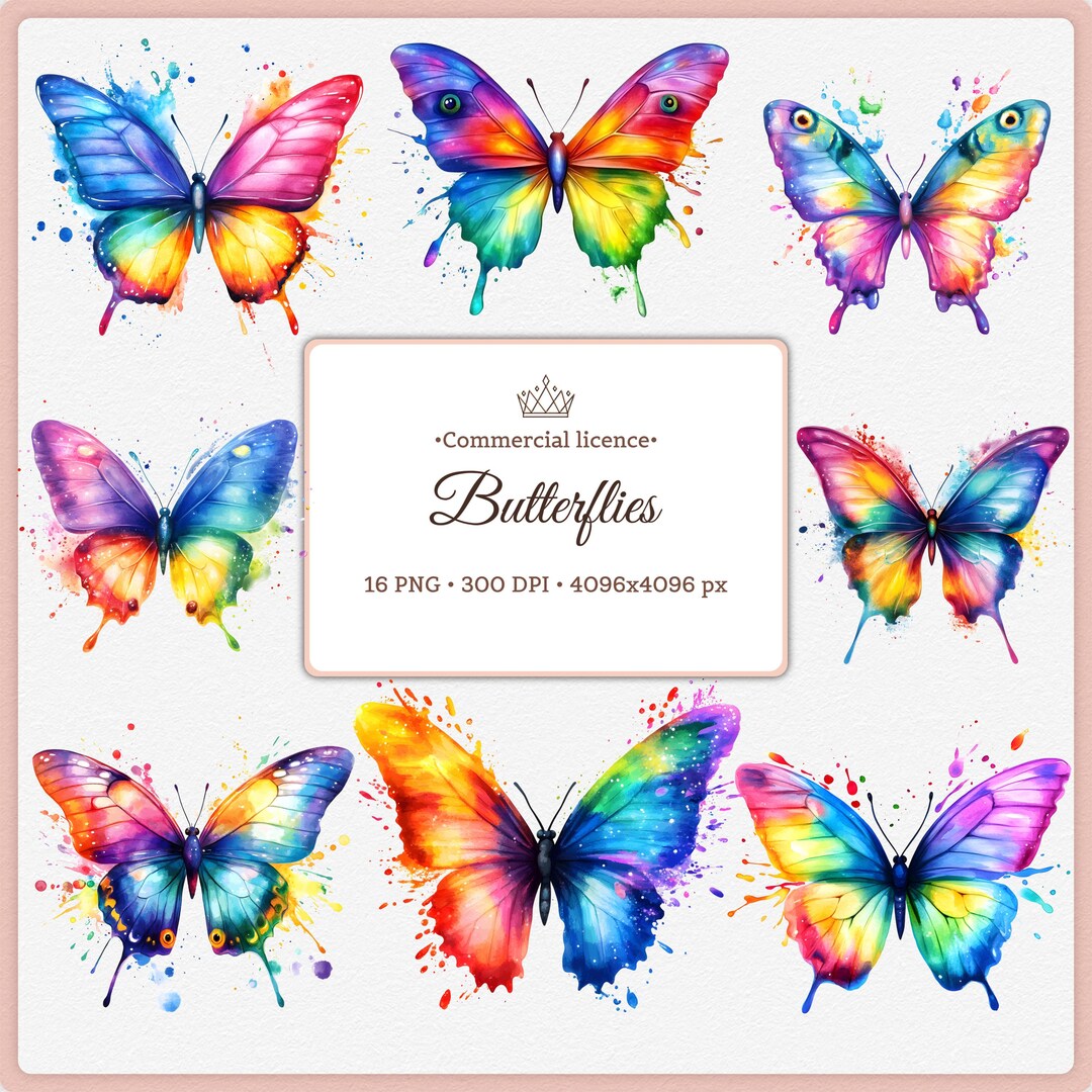 Rainbow Butterfly Clipart PNG Bundle | Watercolor Bright Butterflies ...