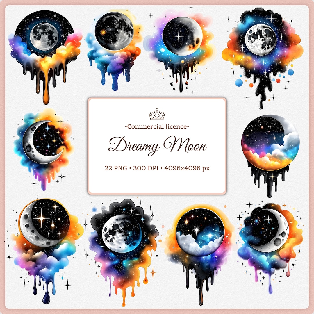 Full Moon Clipart | Galaxy Crescent Moon PNG Bundle, Celestial ...
