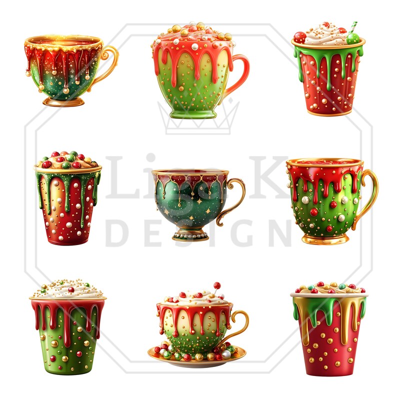 33 PNG Christmas Cup Clipart Bundle, Ornate Festive Holiday Drink ...