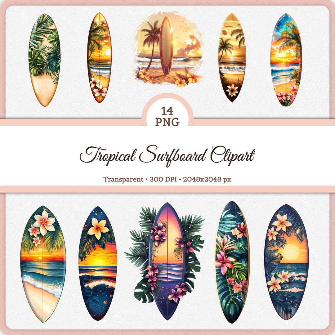 Tropical Surfboard Clipart | Summer Beach Scrapbooking 14 PNG | Sunset ...
